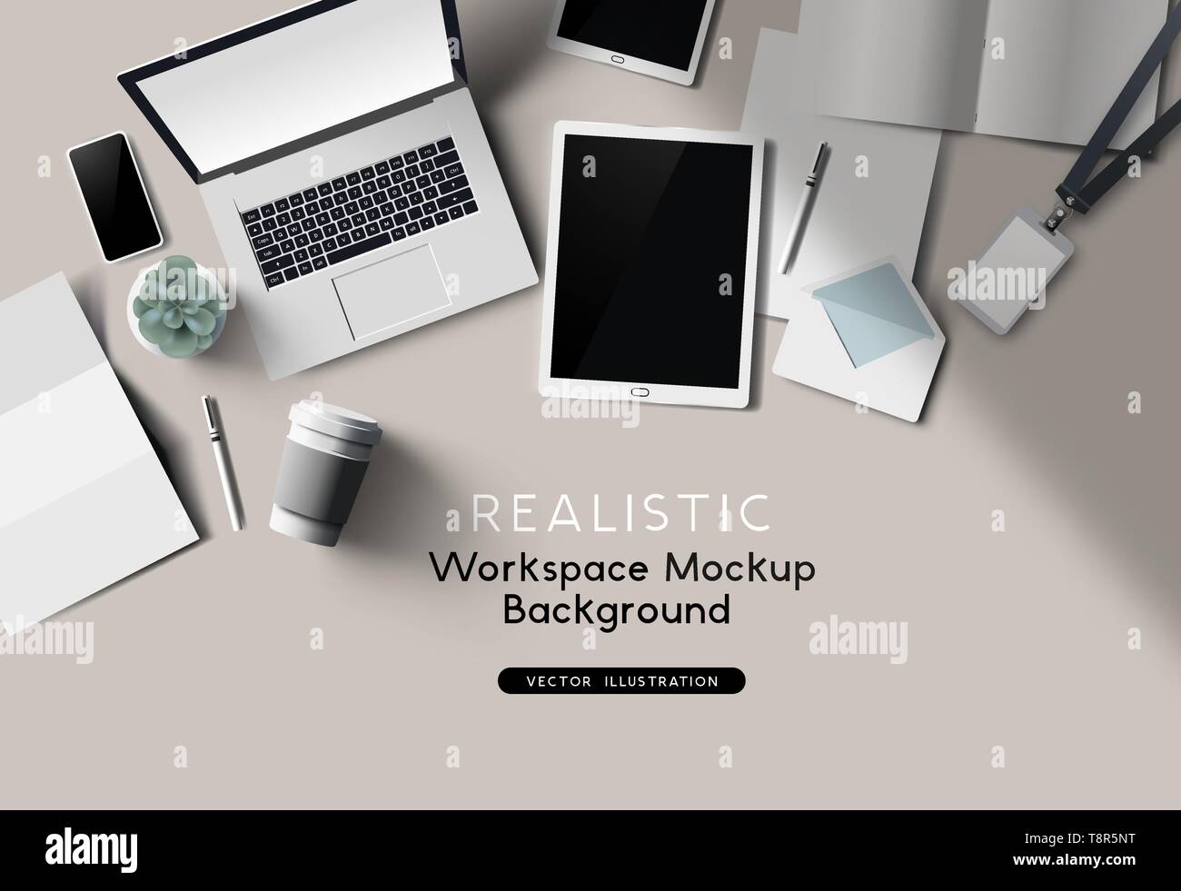 A workplace top view desk mockup. Realistic Vector office accessories ...