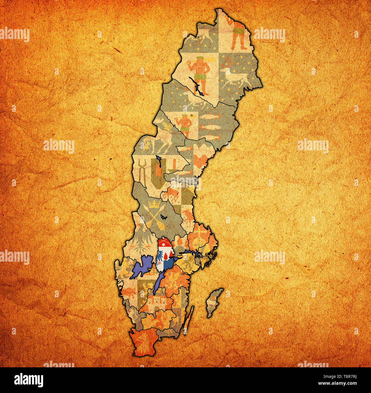flag of Orebro county on map of administrative divisions of Sweden with ...