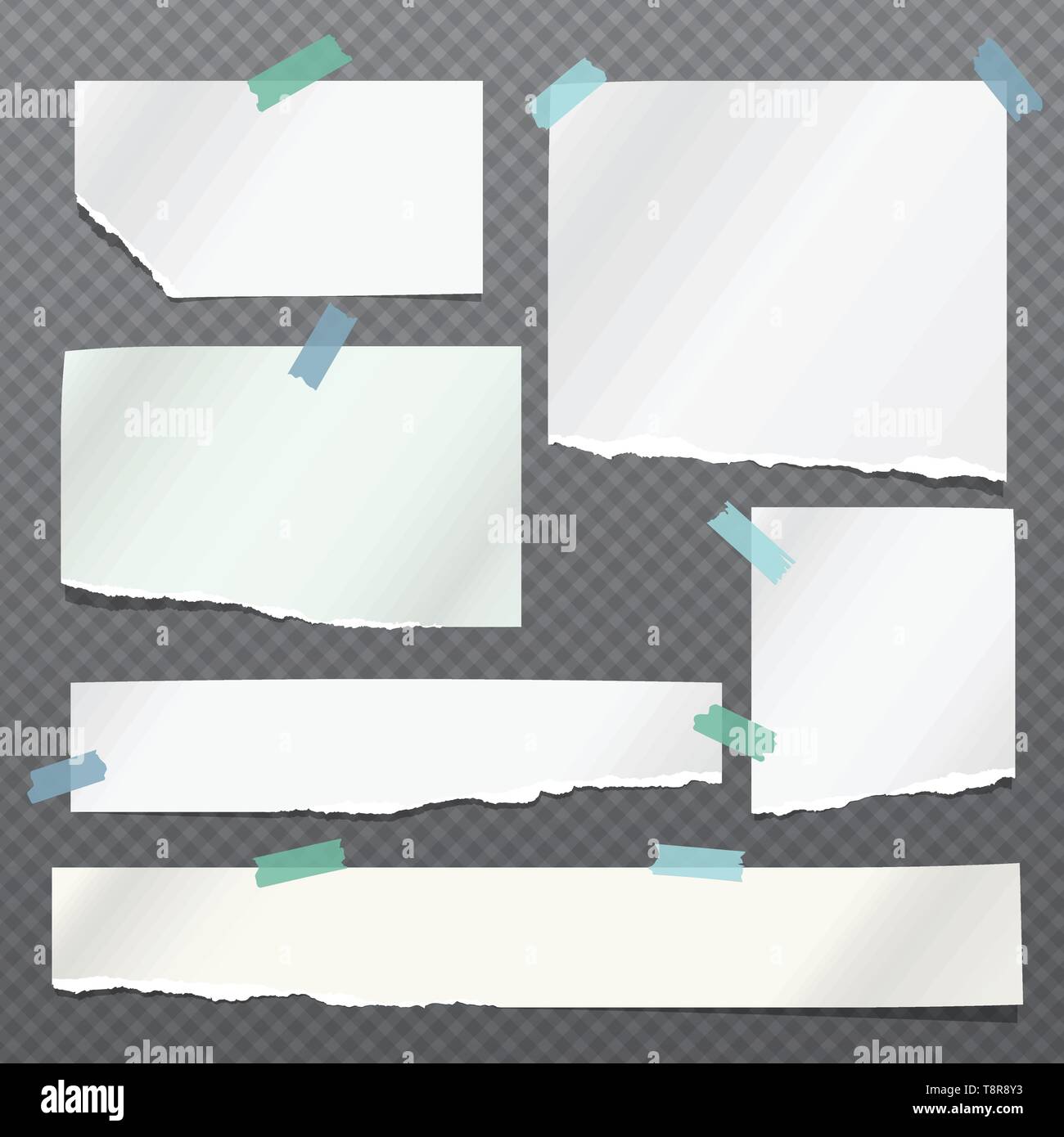 Set of torn note, notebook paper strips stuck with sticky tape on black ...