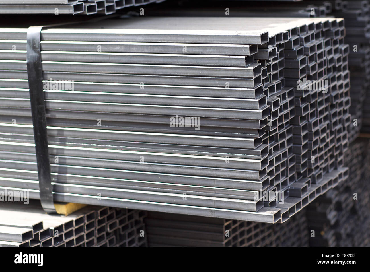 Metal profile pipe of rectangular cross section in packs at the ...