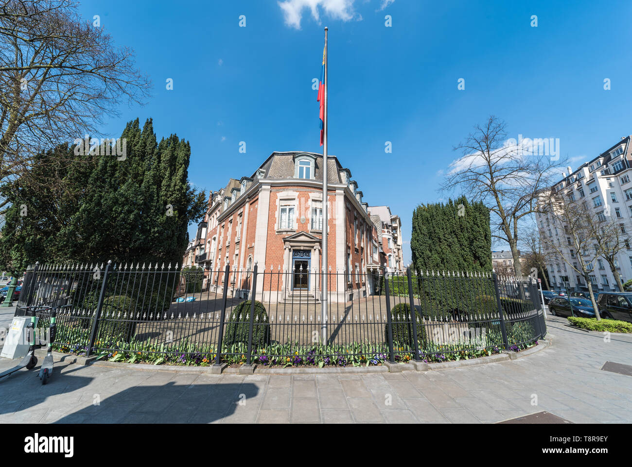 Ixelles, Brussels/ Belgium - 03 30 2019: Facade of the embassy of ...