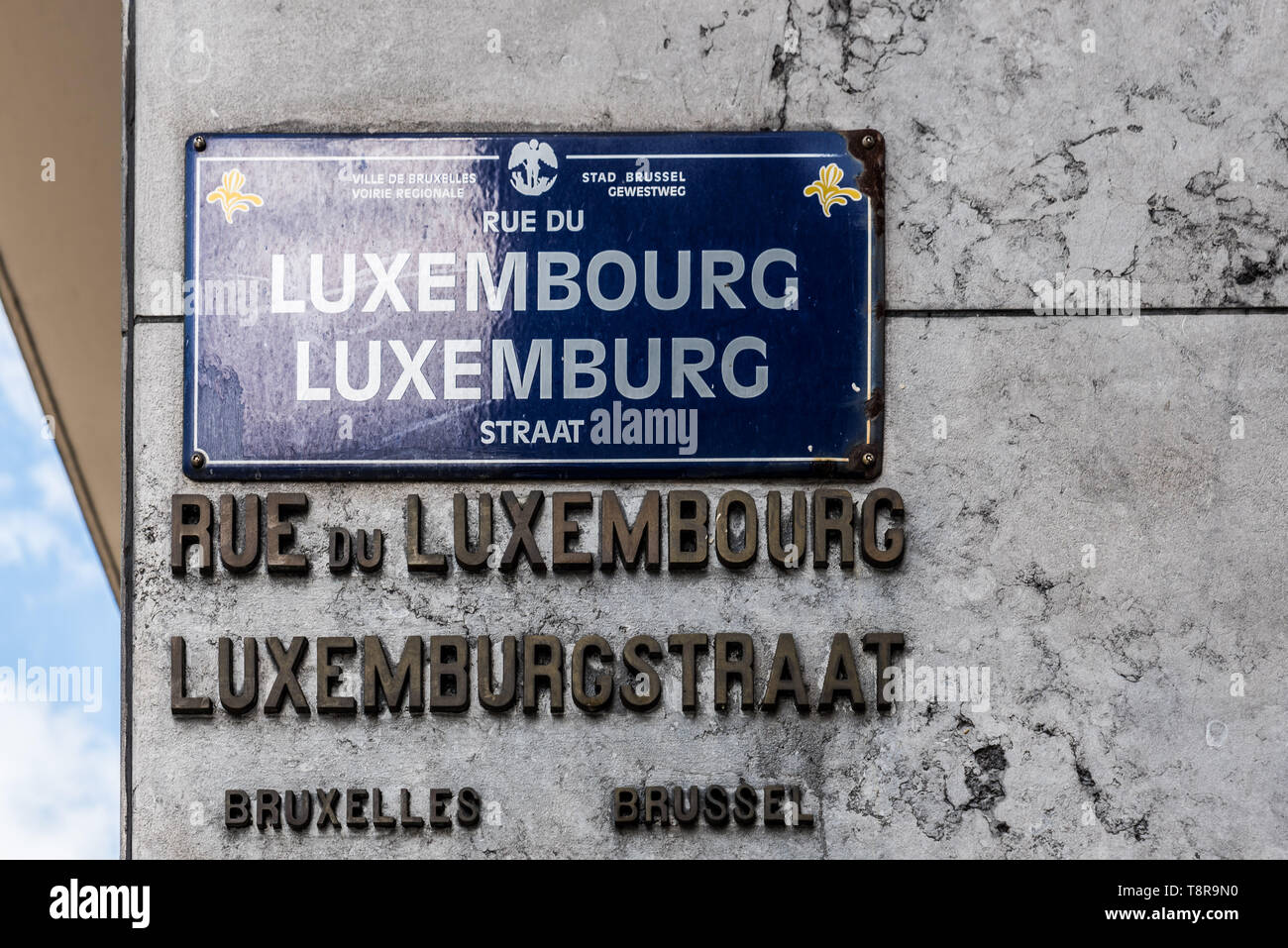 Brussels city center / Belgium - 04 27 2019: Sign of the Luxembourg ...