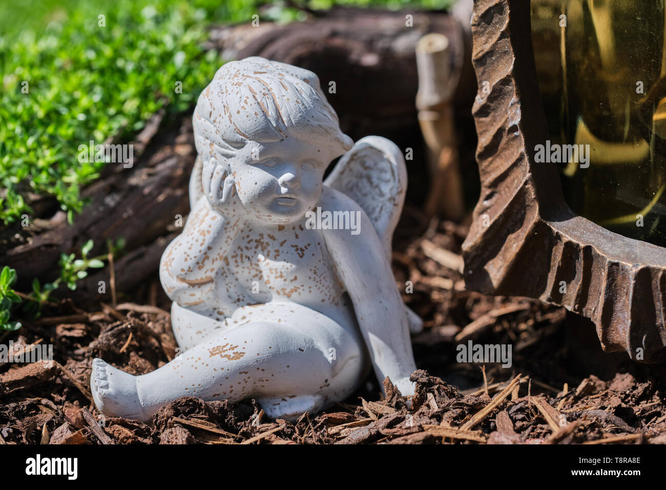 small white stone angel on a cemetery in the sunshine, close up color ...