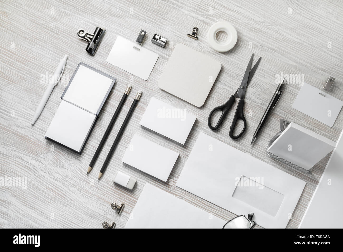 Blank corporate identity template on light wooden background. Photo of ...