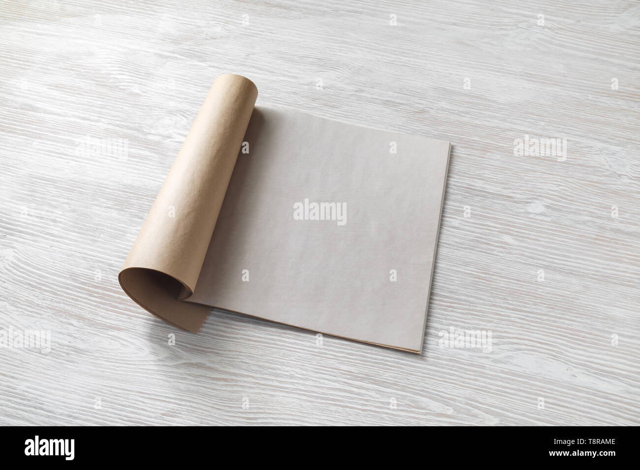 Blank magazine pages or booklet on wooden table background Stock Photo ...