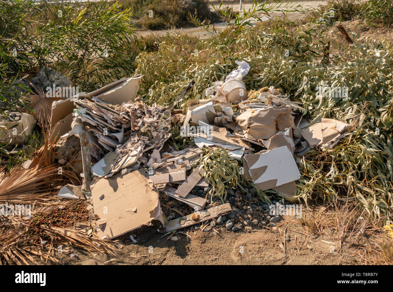 Pile of building rubbish left in abandoned in a nature spot in Limassol ...