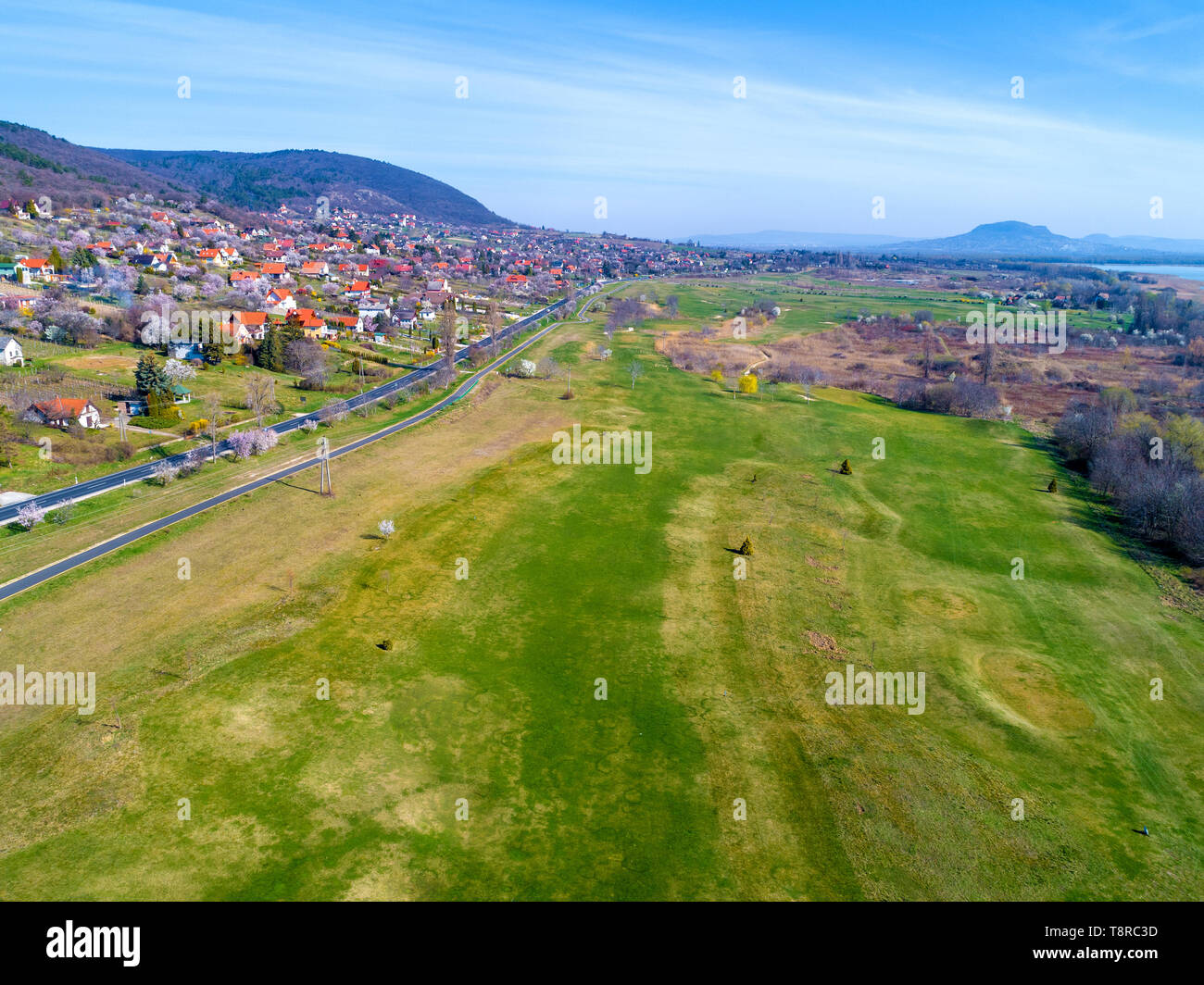 Aerial view of village in valley and seashore. Galicia, Spain Stock ...