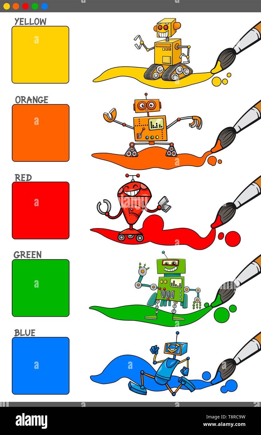 Cartoon Illustration of Primary Colors with Funny Robot Characters ...