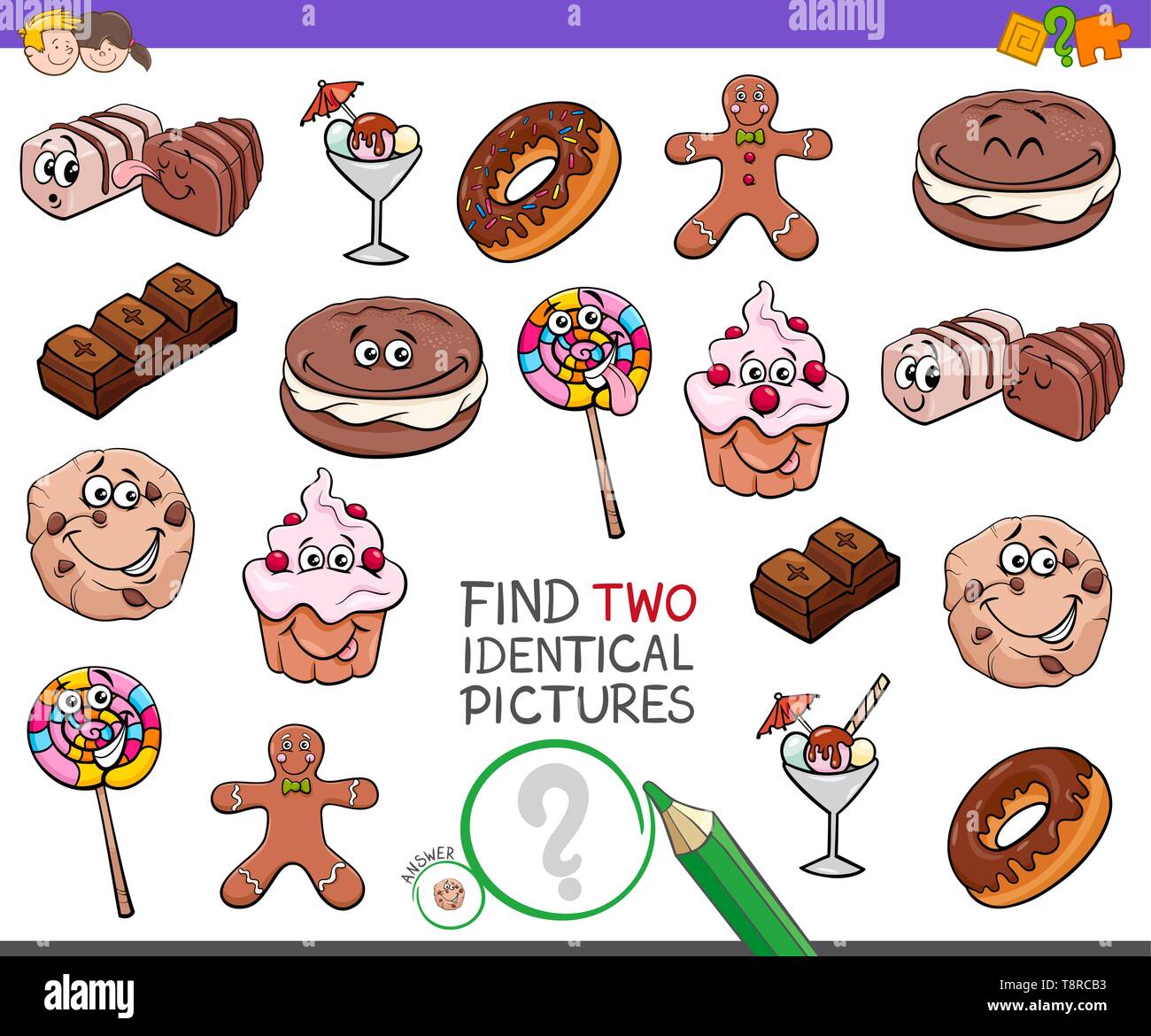 Cartoon Illustration of Finding Two Identical Pictures Educational Game ...