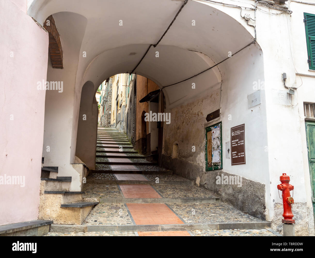 covered street in small Italian village Molini di Triora in Liguria ...