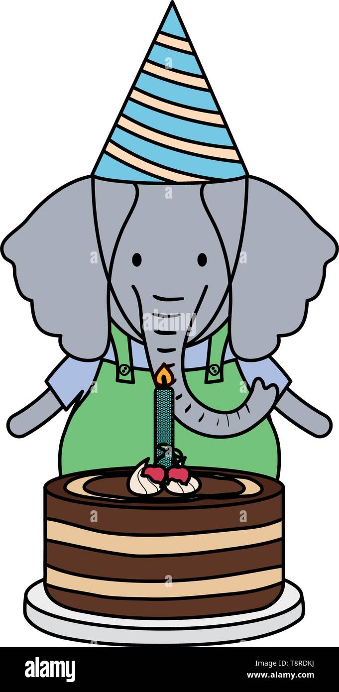 cute elephant with sweet cake in birthday party vector illustration ...