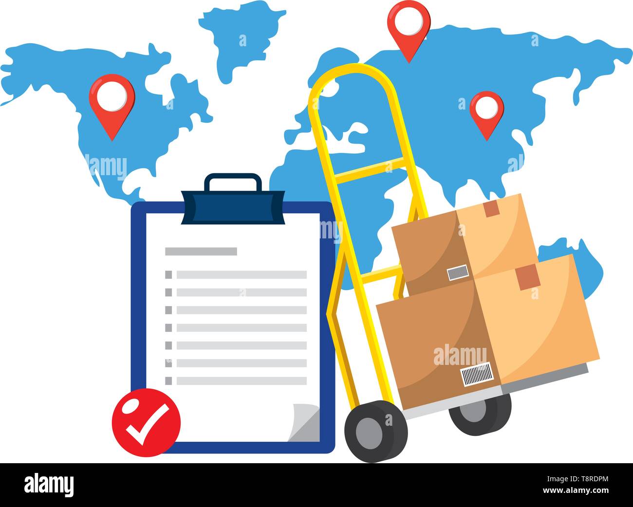checklist and pushcart with boxes and map with location pointer vector ...