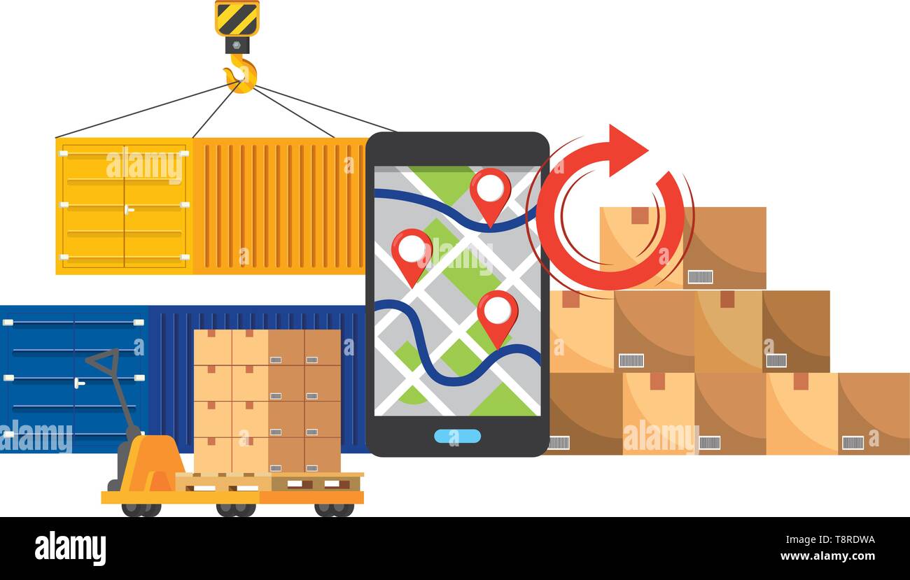 delivery and transport elements cellphone, map, boxes pushcart and ...