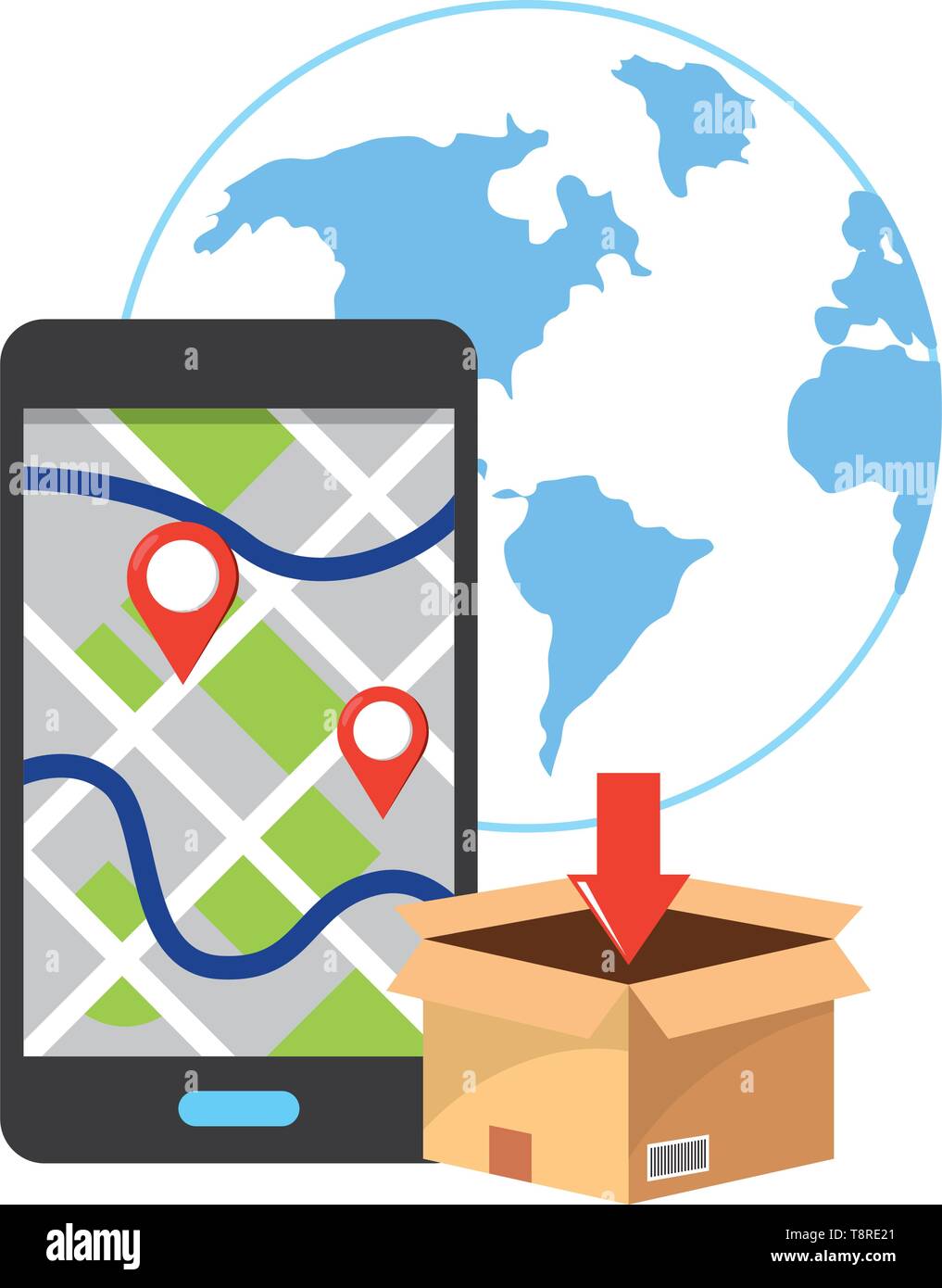 box and cellphone with a map and location point and globe vector ...