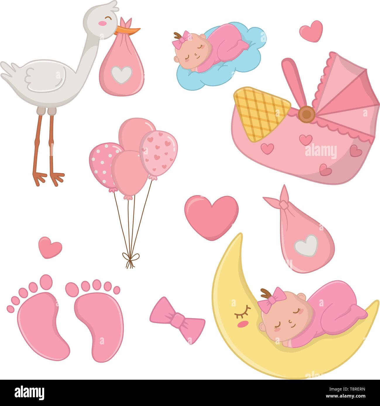 set of newborn baby elements baby sleeping, stork, feetmark and cradle ...