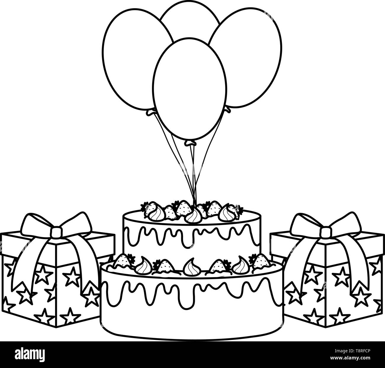 gift box with sweet cake and balloons helium floating vector ...