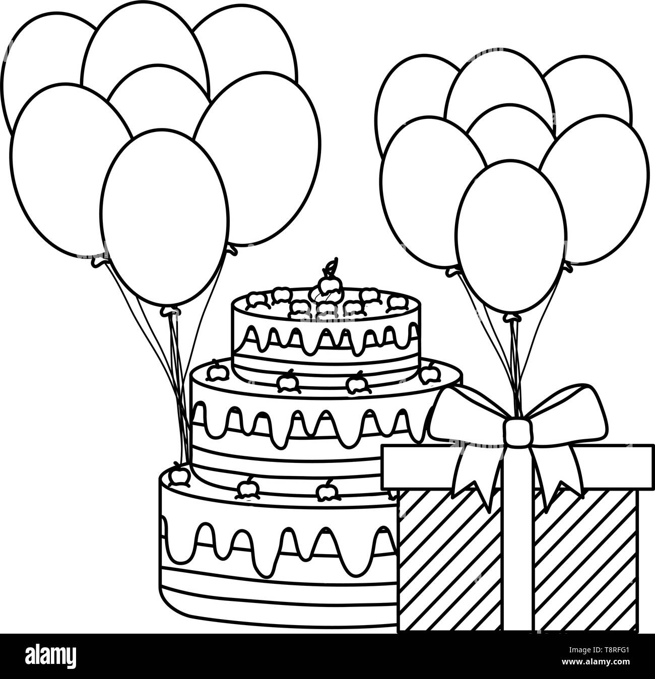 gift box with sweet cake and balloons helium floating vector ...