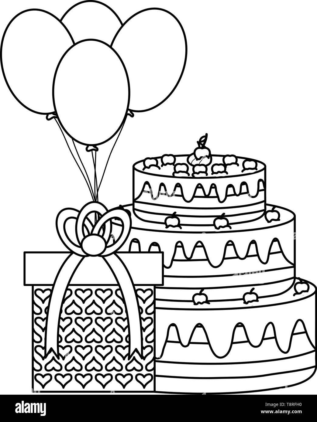 gift box with sweet cake and balloons helium floating vector ...