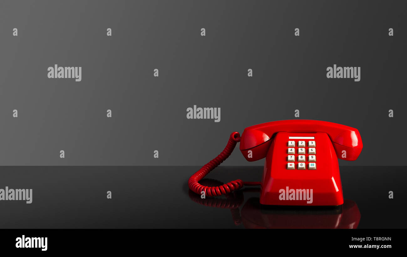 Telephone, red old vintage telephone on black background and mirror ...