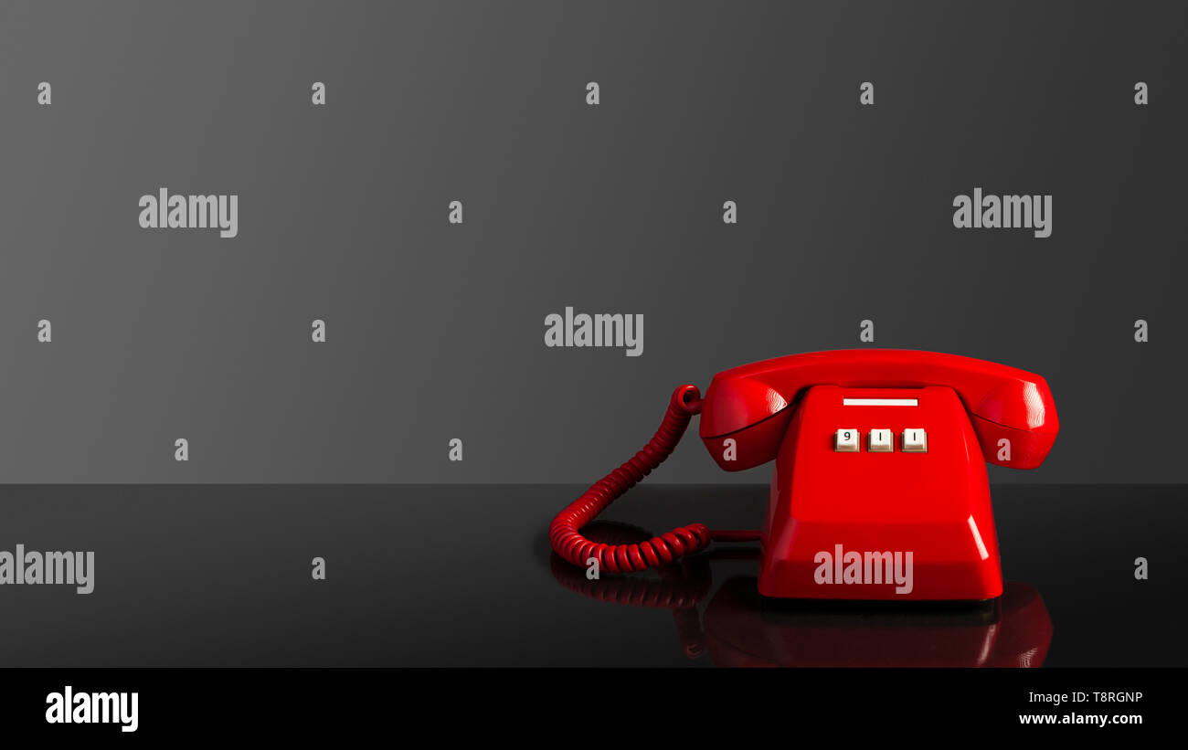 Emergency call 911 on the telephone, red old vintage telephone on black ...