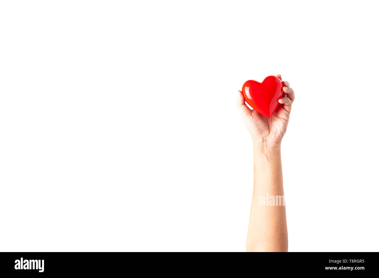 Hand holding plastic red heart isolated on white background, raising ...