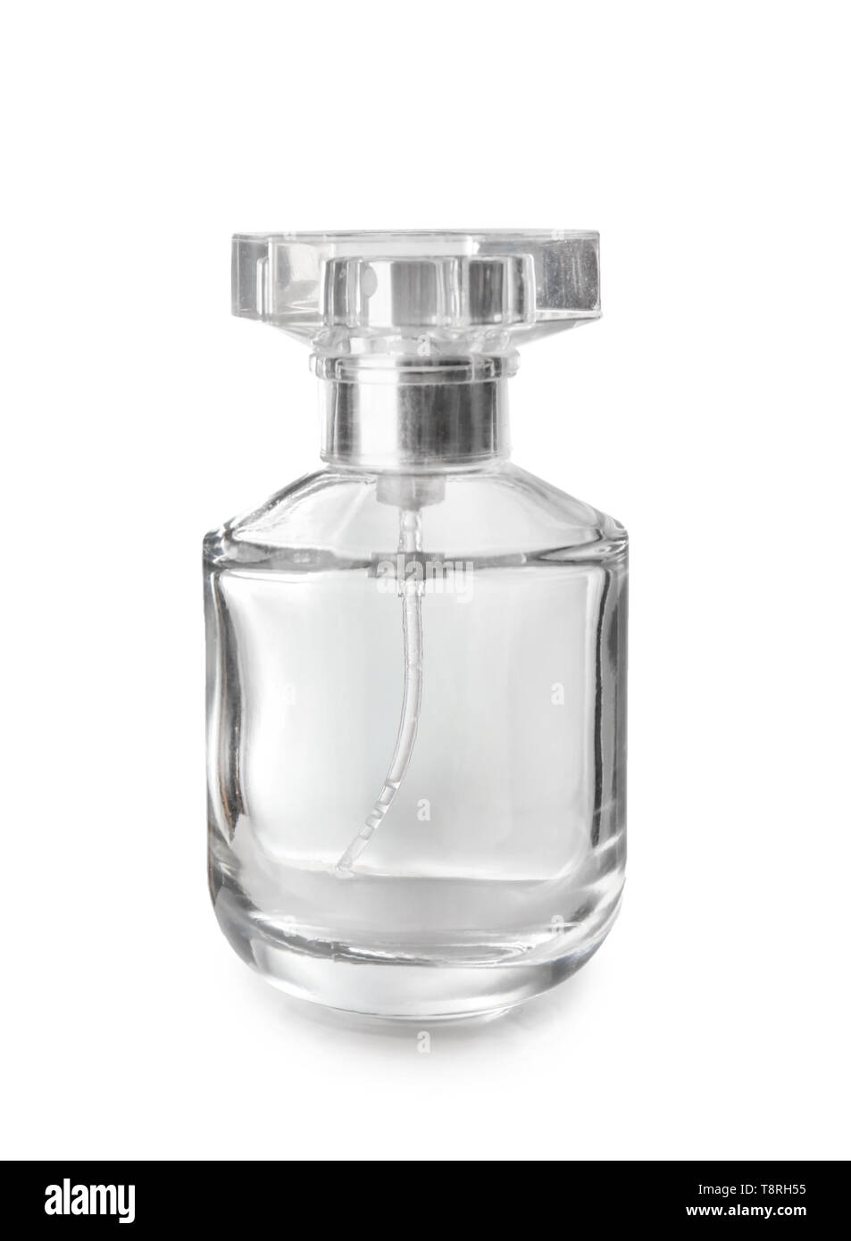 Transparent bottle of perfume on white background Stock Photo - Alamy
