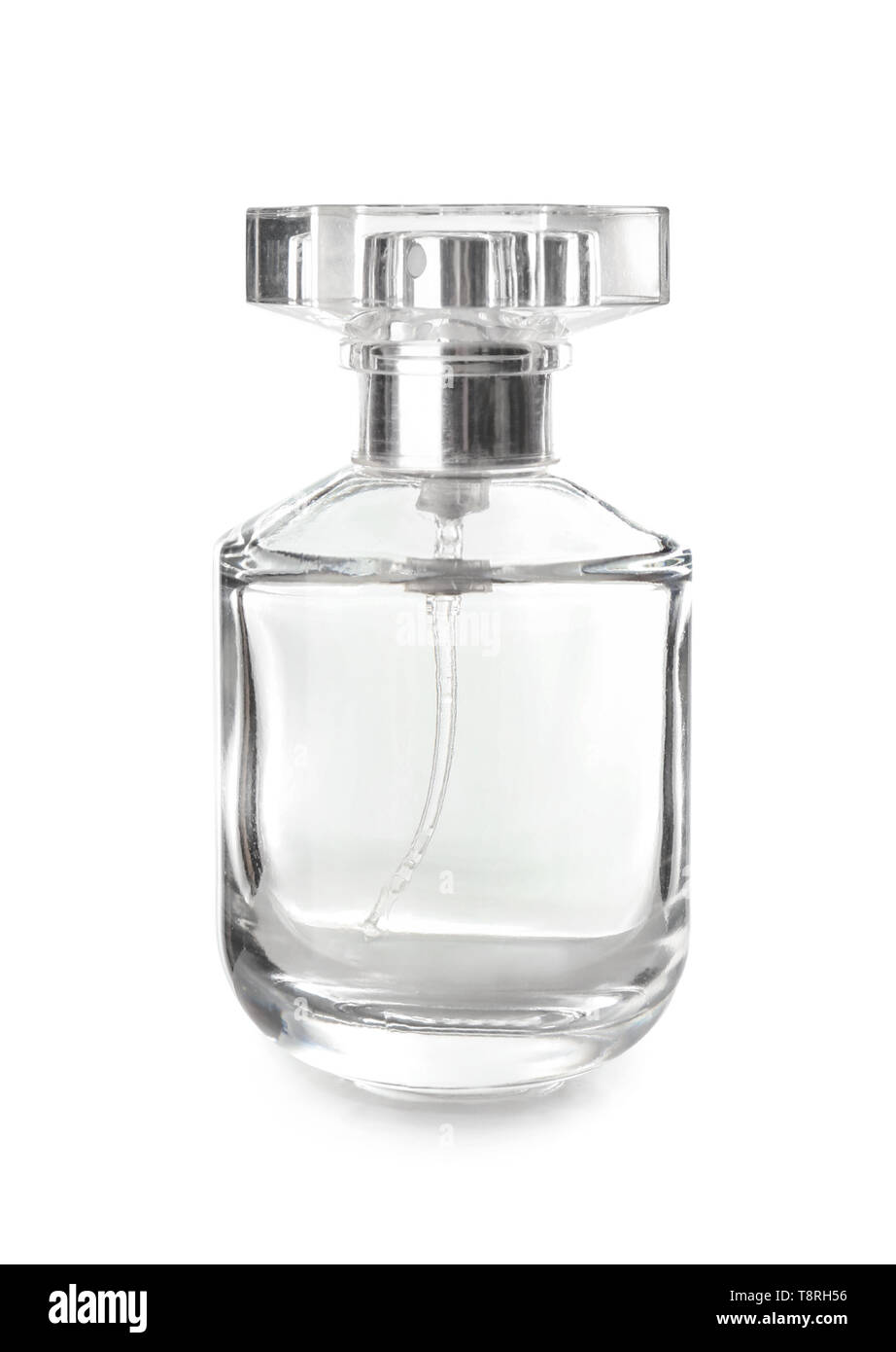 Transparent bottle of perfume on white background Stock Photo - Alamy