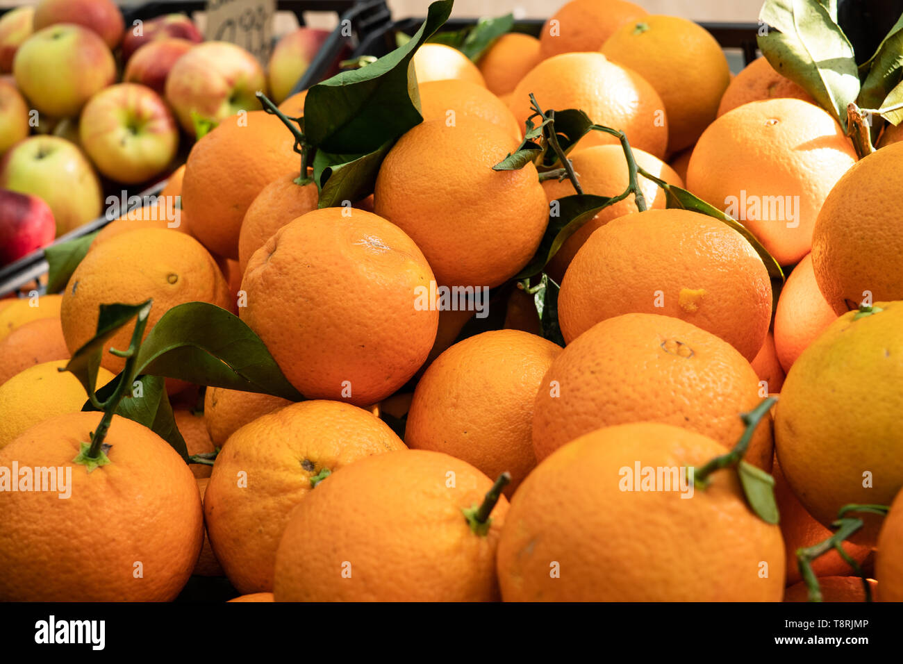 Fresh organic oranges at farmers market. Food background Stock Photo ...