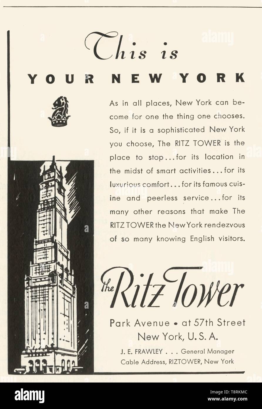 Advertisement for the Ritz Tower Hotel in New York, 1934. Creator ...