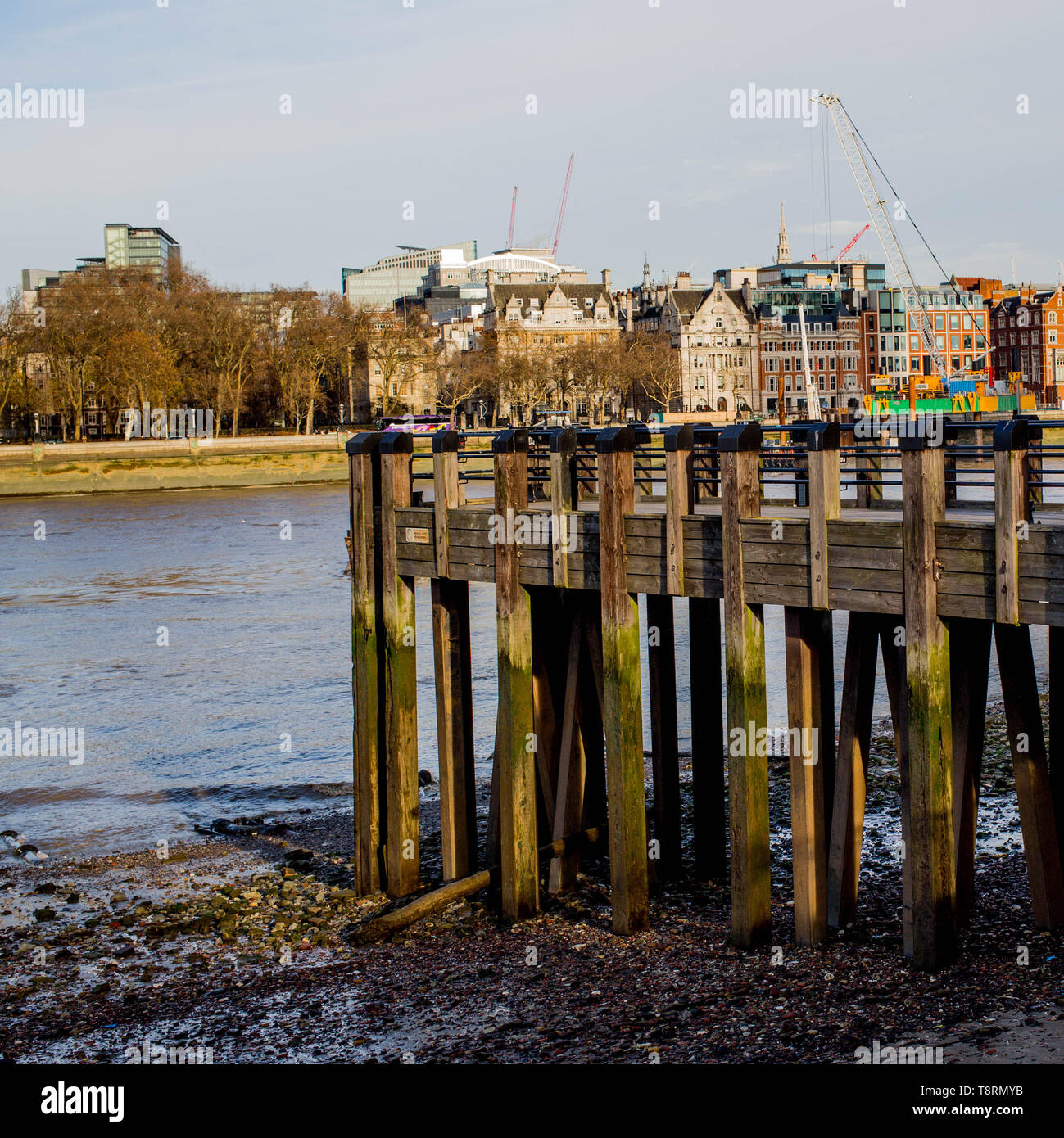 Wooden Pier in the River Thames Overlooking the City of London Stock ...