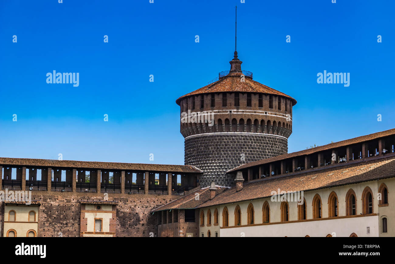 Round guard tower of Sforza Castle in Milan, Italy Stock Photo - Alamy