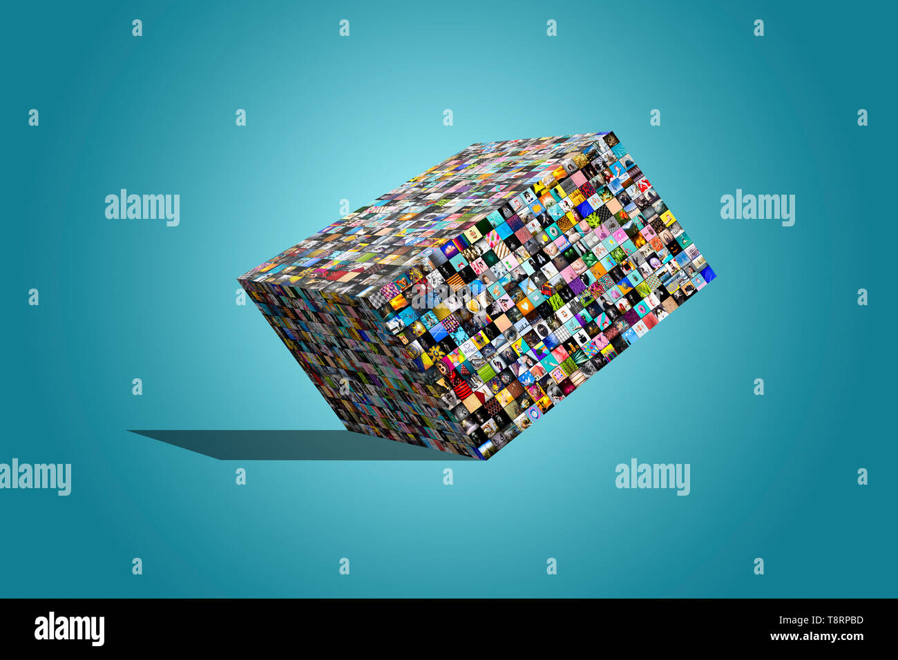 Big multimedia box made from a variety of different images, over blue ...