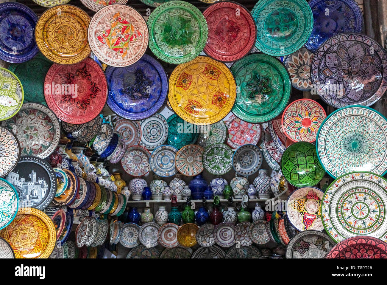 Traditional arabic handcrafted, colorful decorated plates shot at the ...