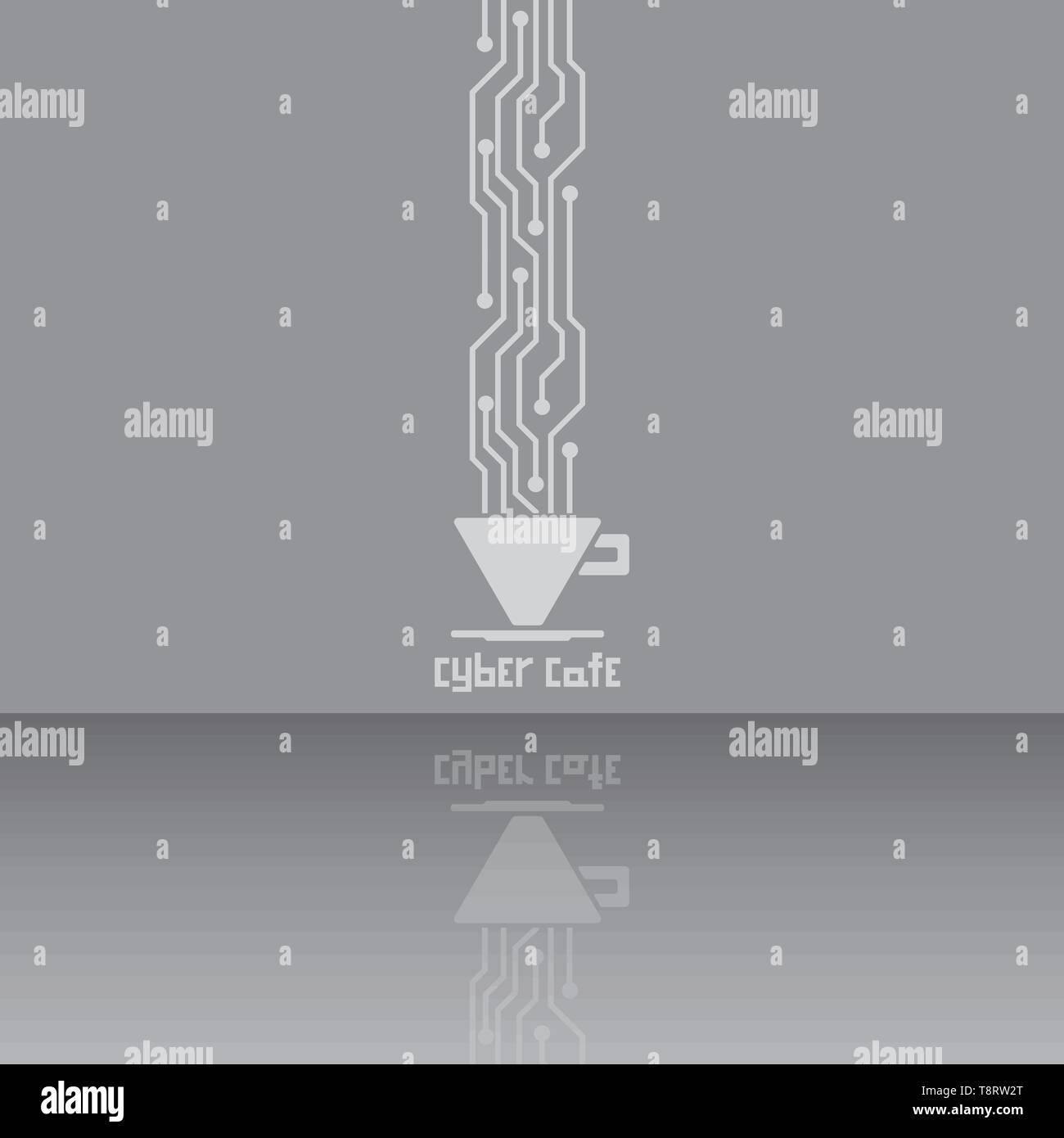 Coffee cup with micro schemes tea steam logotype sign on gray mirrored ...