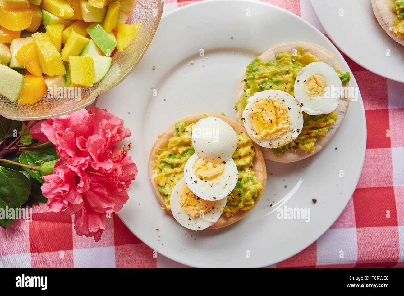 Breakfast plate with boiled eggs above top view Stock Photo - Alamy