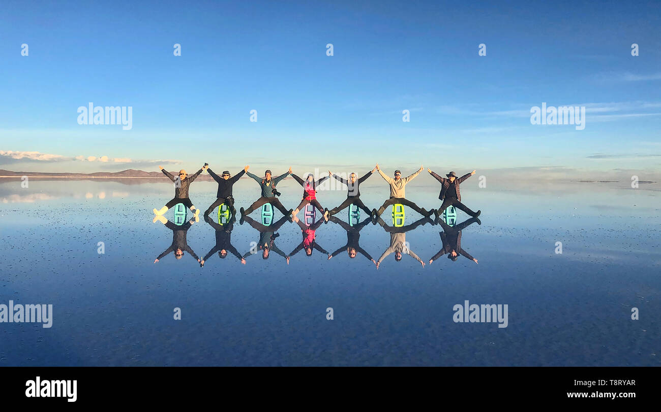 The world's largest mirror, reflection on the salt flats of the Salar ...