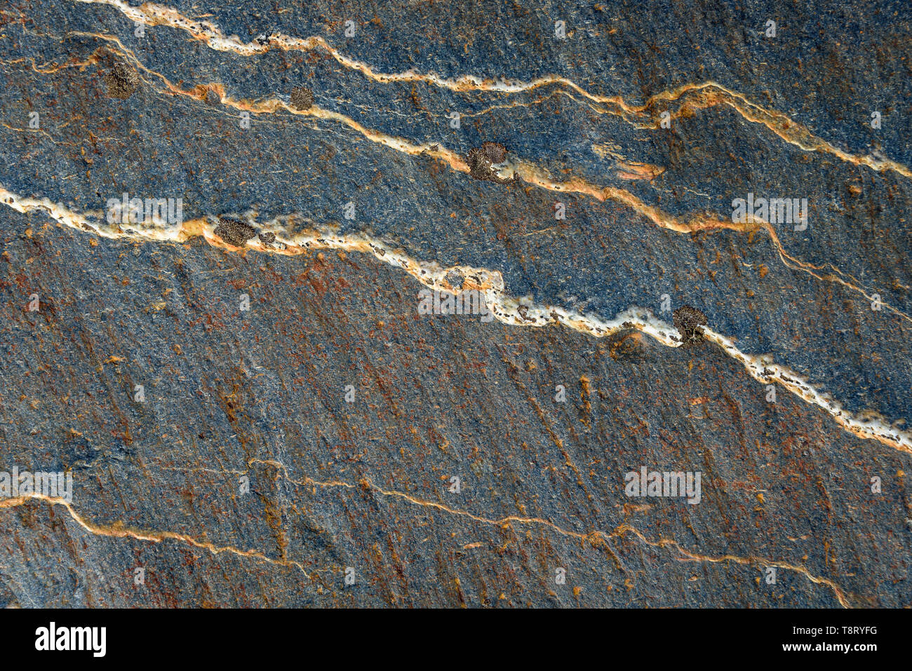 Blue gray stone with white and orange lines of pattern and texture as a ...