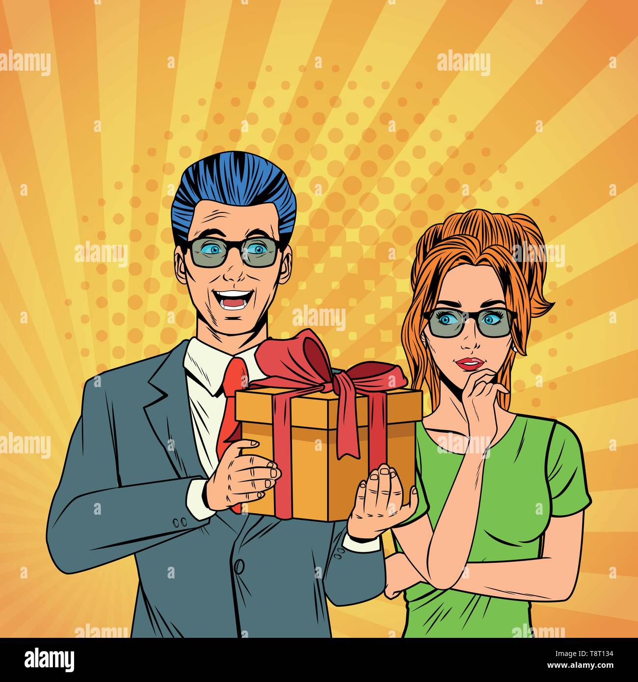 Pop art business couple with present cartoon Stock Vector Image & Art ...