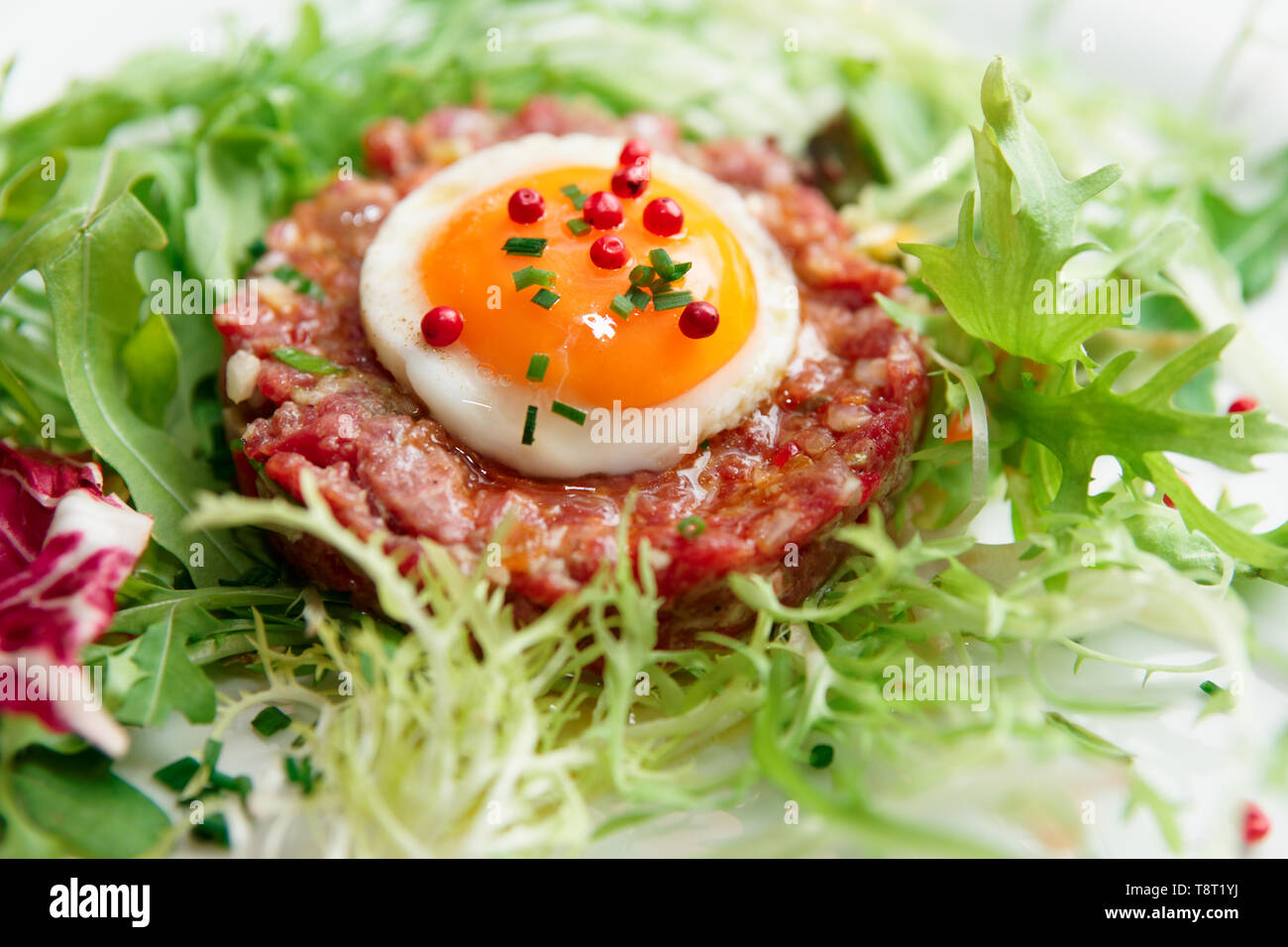 Beef tartare with egg in plate, close-up Stock Photo - Alamy