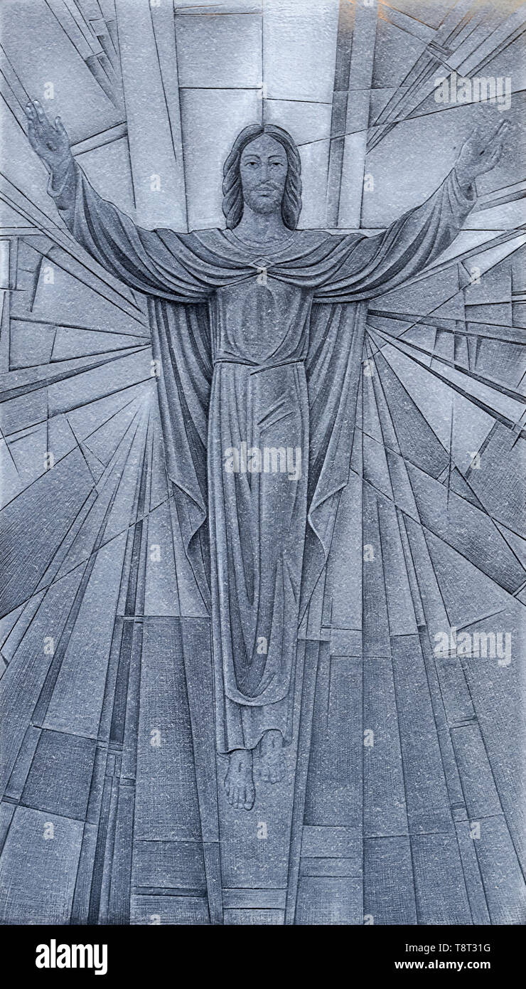 modern bas-relief of risen Jesus, religious art Stock Photo - Alamy