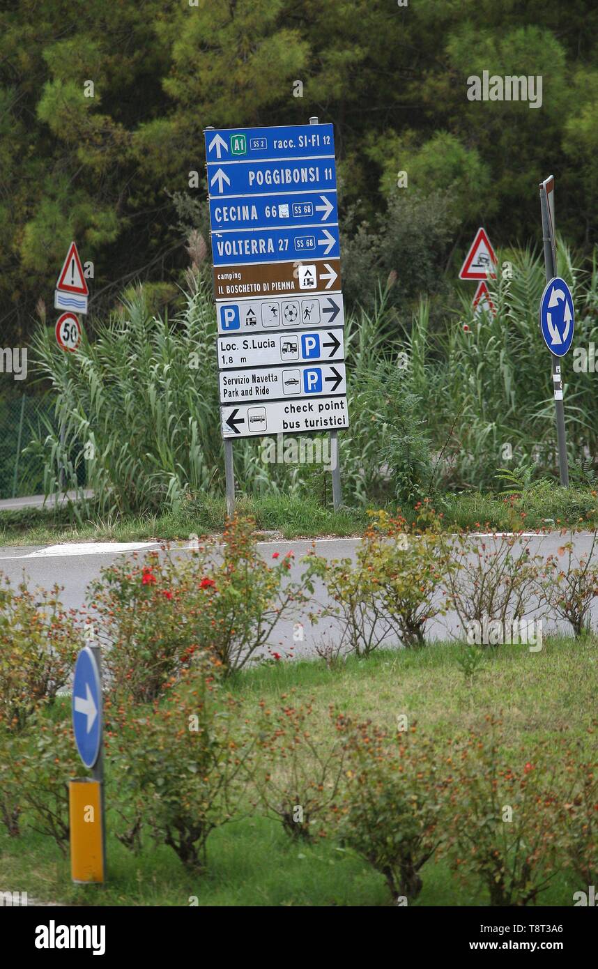 Traffic information road signs in the hilltop town of San Gimignano in ...