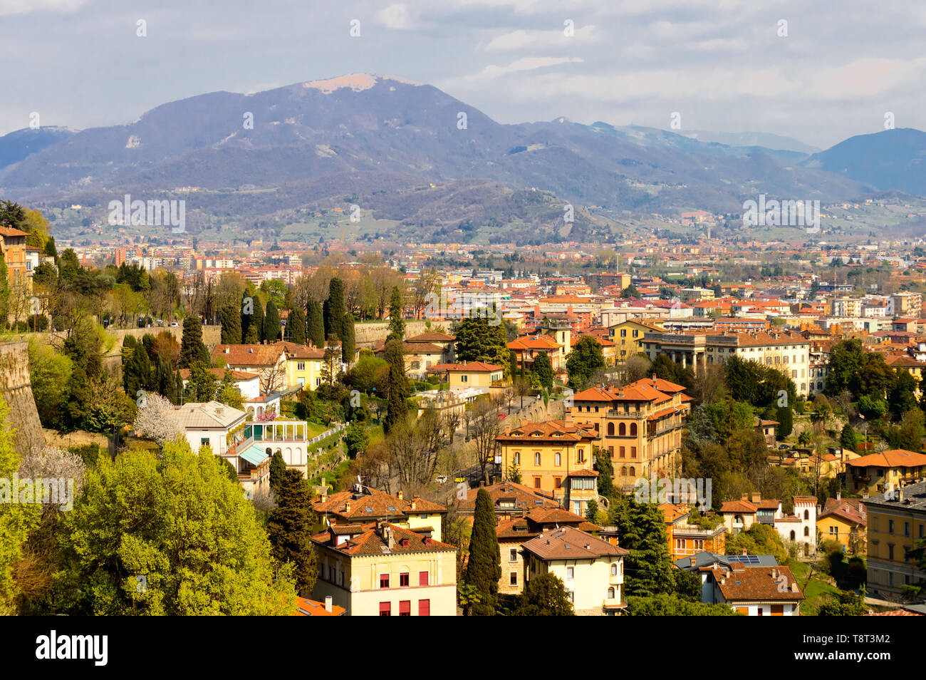 Landscape aerial view of the nice city of Bergamo Alta in Northern ...