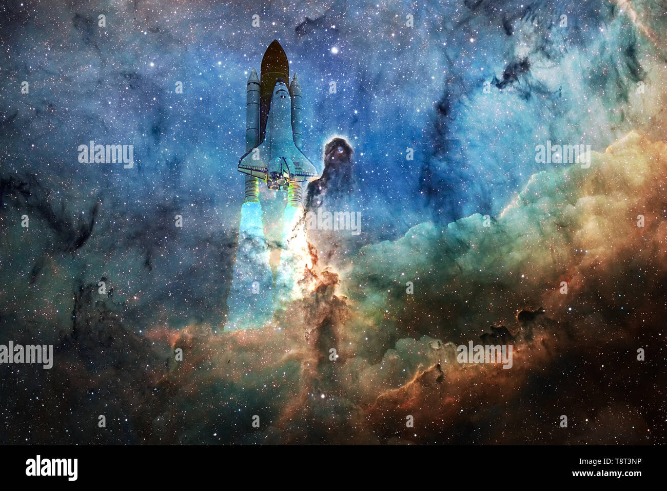 Space shuttle taking off on a mission. Deep space. Beauty of endless ...