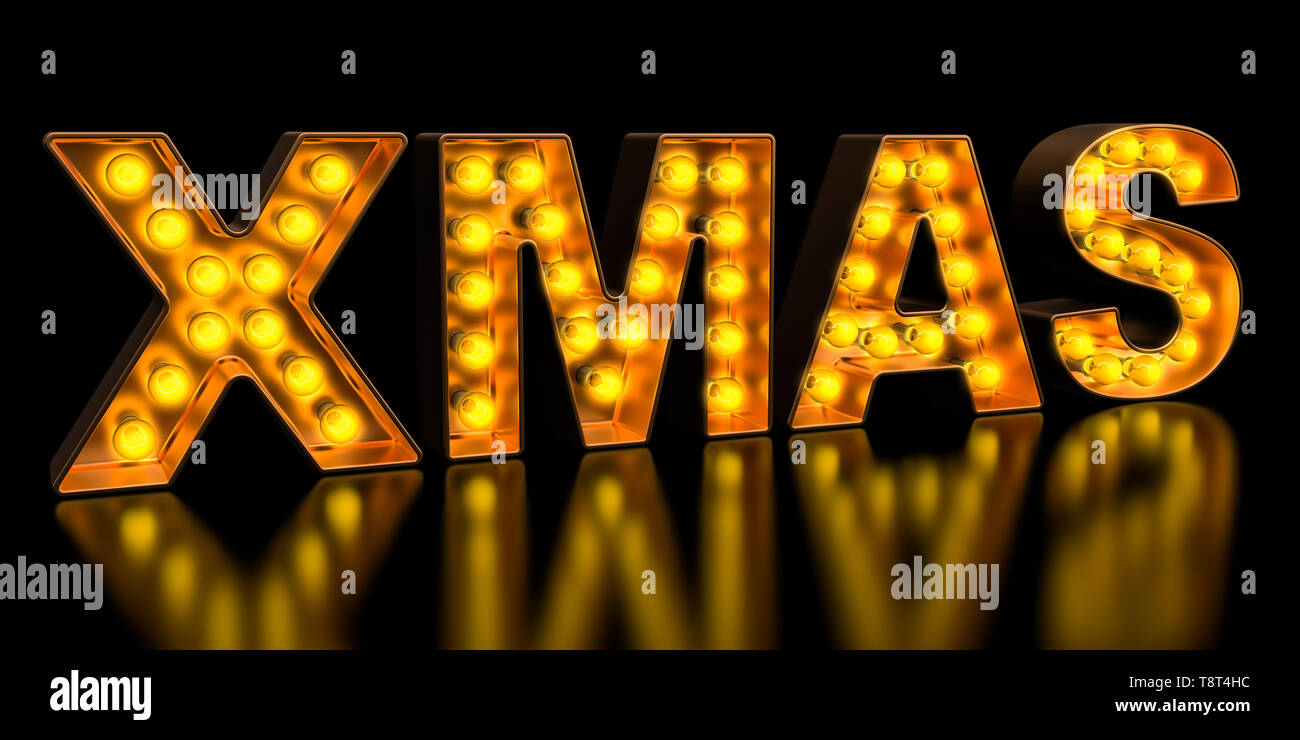 Xmas signboard from golden light bulb letters, retro glowing font. 3D ...
