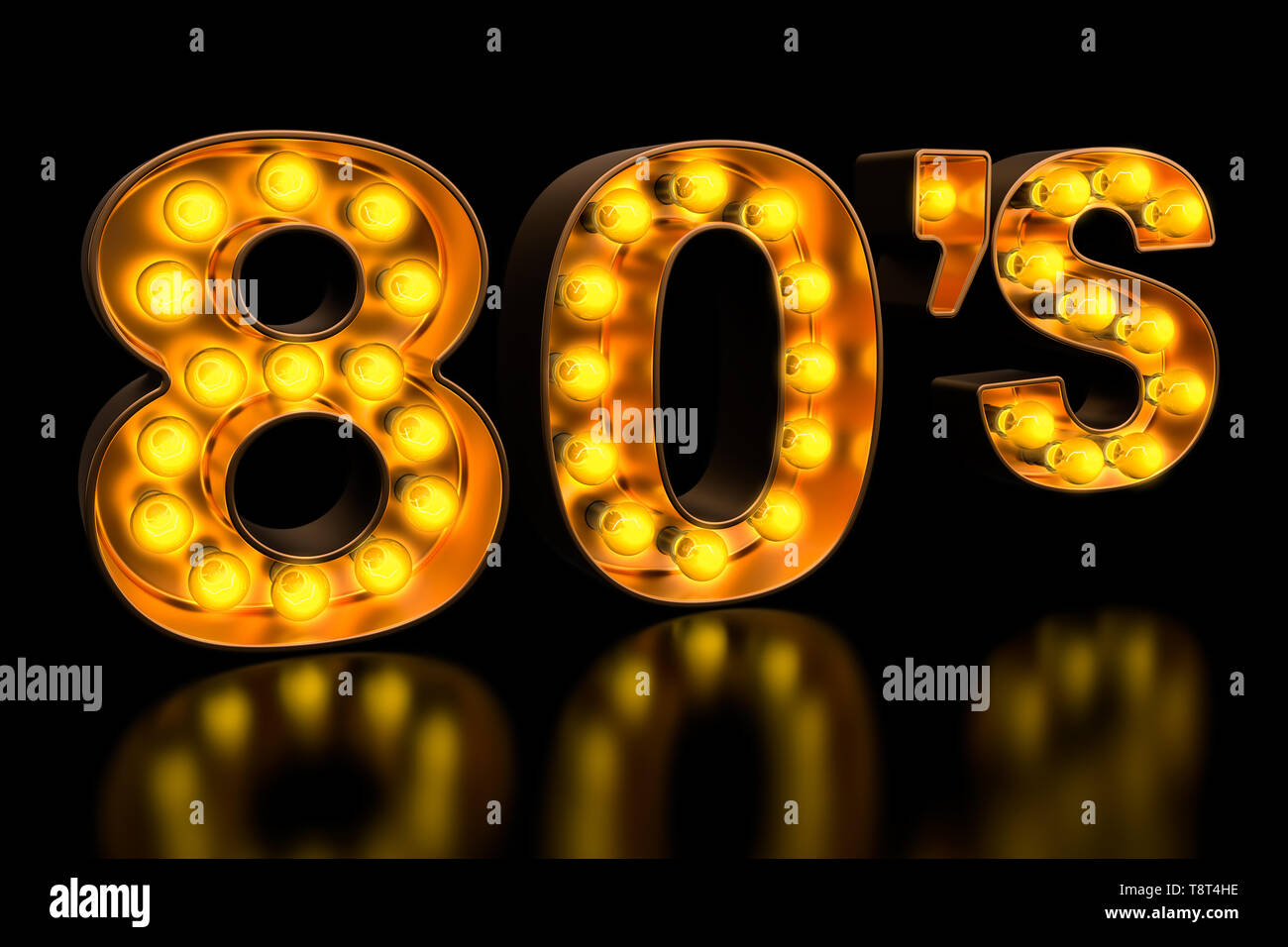 80's signboard from golden light bulb letters, retro glowing font. 3D ...