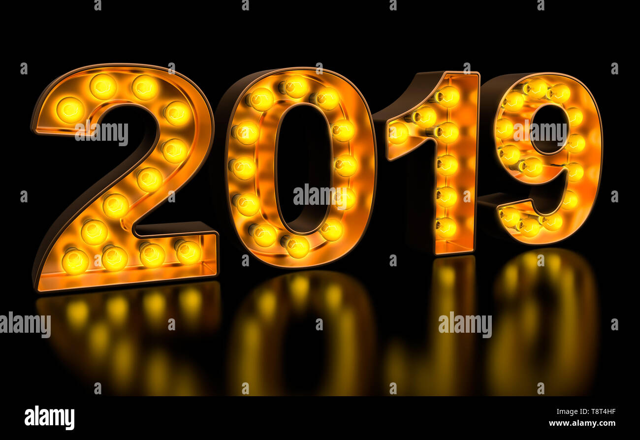 2019 signboard from golden light bulb letters, retro glowing font. 3D ...