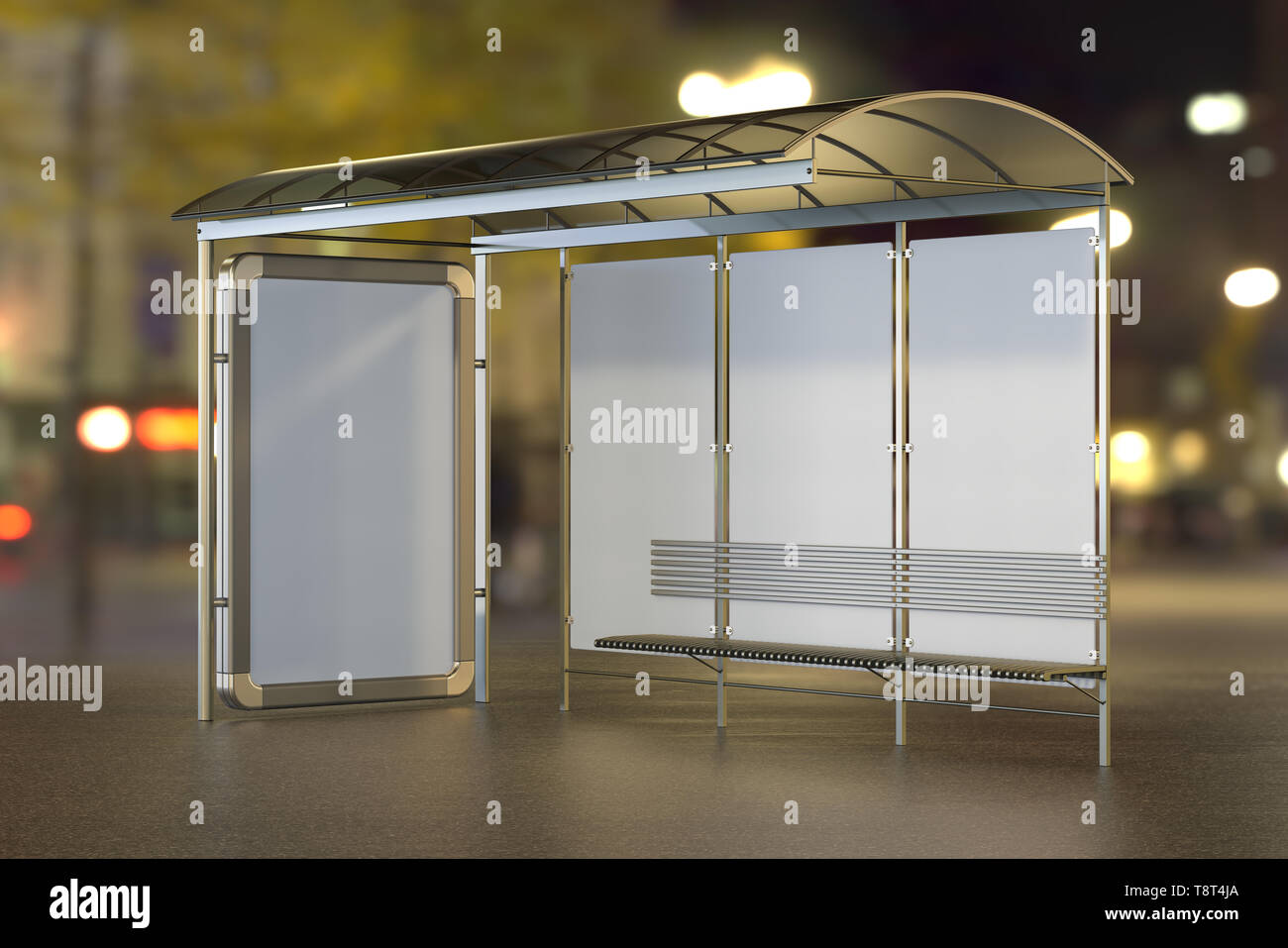 Bus Stop with advertising panels on the night city blurred background ...