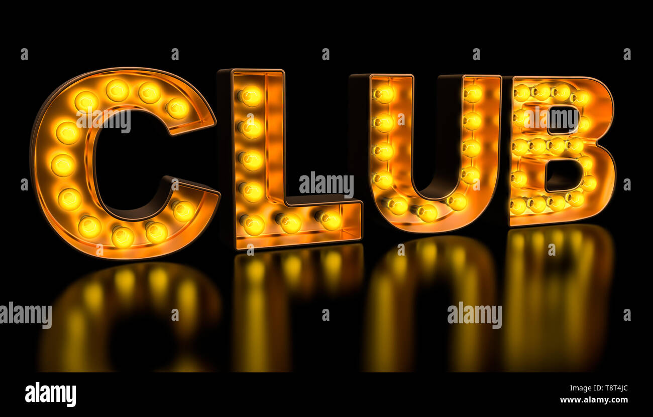Club signboard from golden light bulb letters, retro glowing font. 3D ...