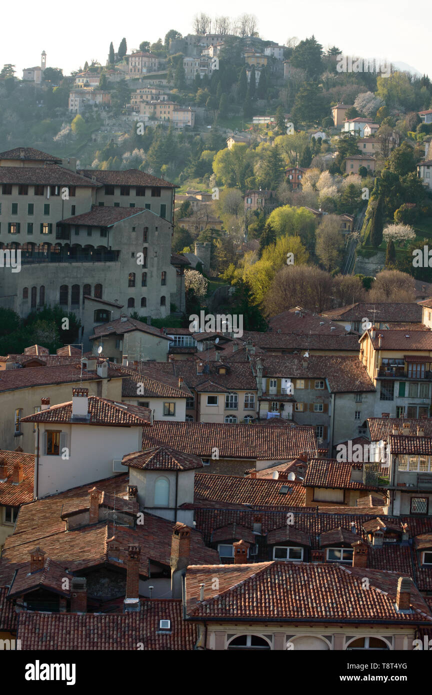 Landscape aerial view of the nice city of Bergamo Alta in Northern ...