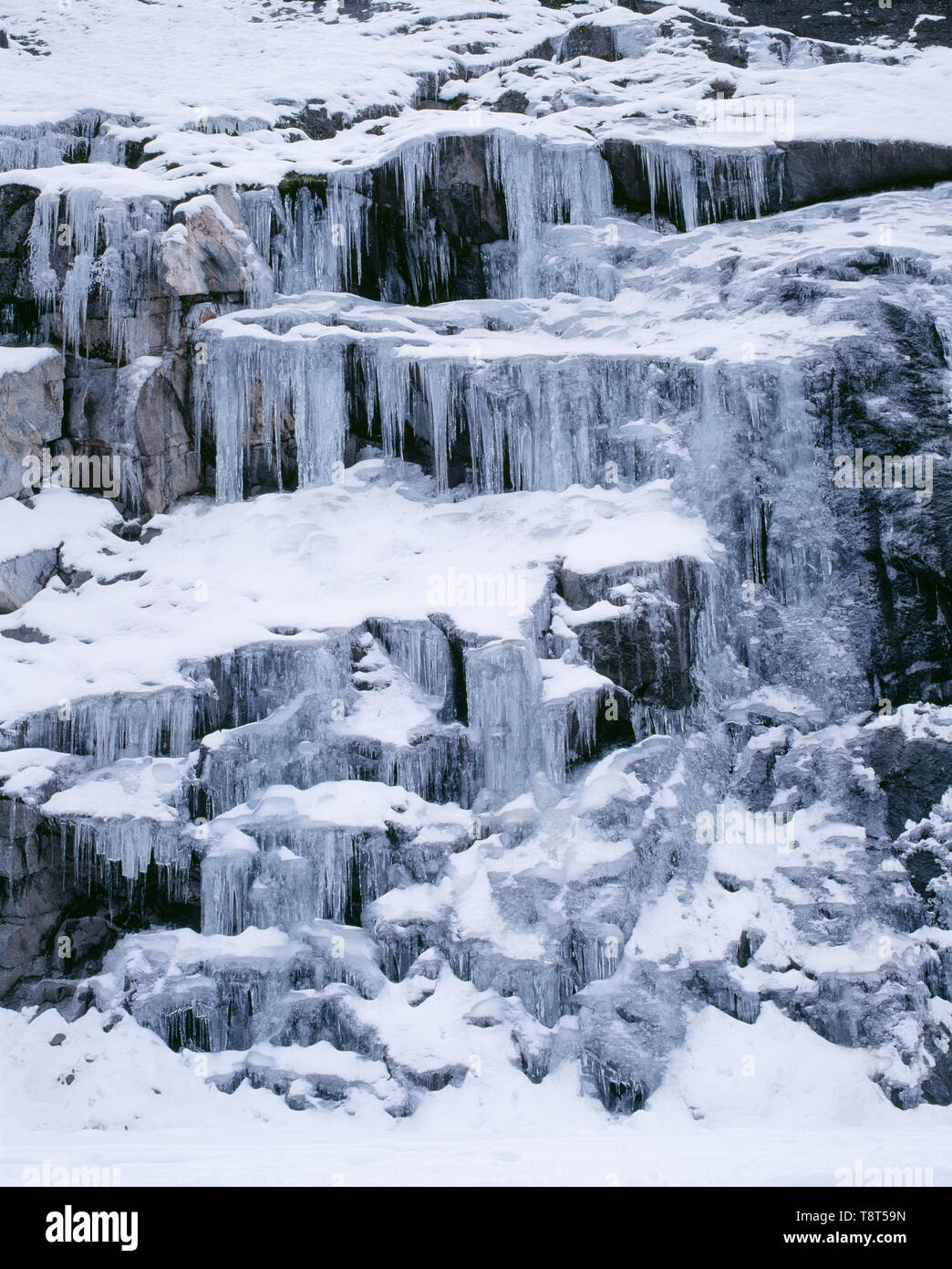 USA, Washington, Wenatchee National Forest, Icicles descend cliff face ...